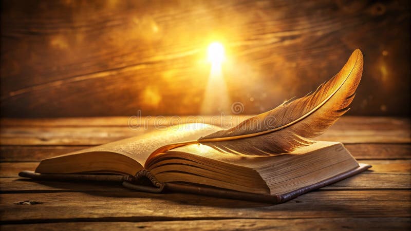 Golden Quill Rests upon Open Book in Warm Light. Generative AI Stock ...