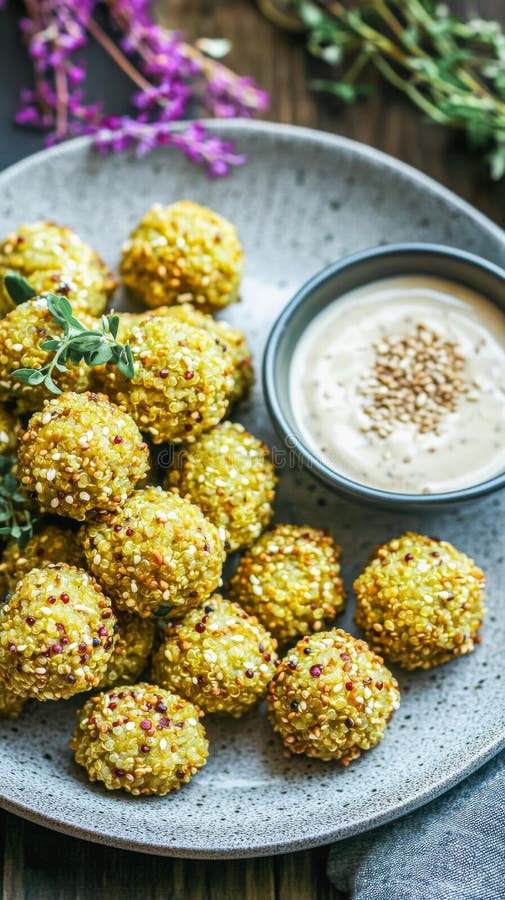 Golden Quinoa Balls with Aromatic Herbs and Creamy Dip on Rustic Plate ...