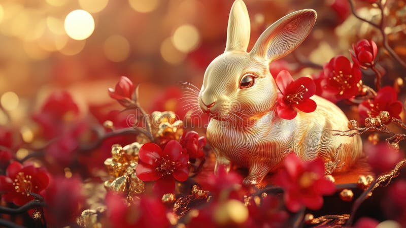 Golden Rabbit Figurine Amidst Vibrant Red Flowers Stock Illustration ...