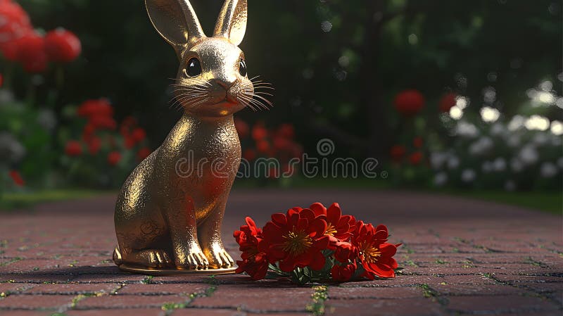 Golden Rabbit Sculpture beside Bright Red Flowers Stock Illustration ...