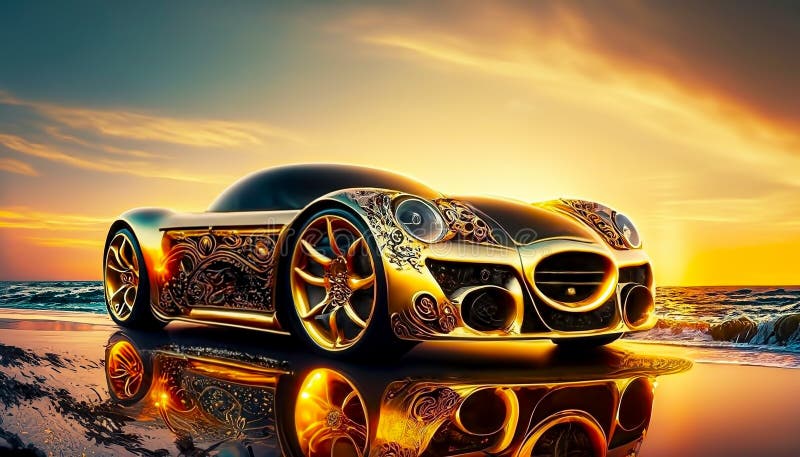 Golden Racing Car on the Ocean Stock Illustration - Illustration of ...