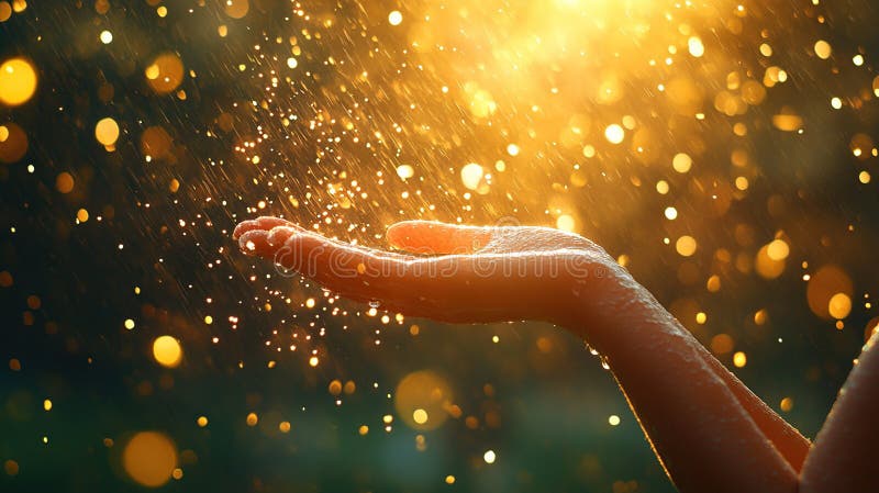 Golden Rain Falling into Outstretched Hands, Mystical Outdoor Scene ...