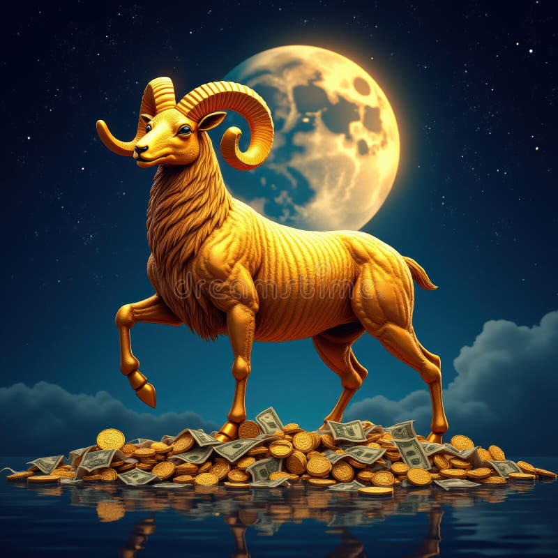 Golden Ram on a Pile of Money Under the Moon Stock Illustration ...