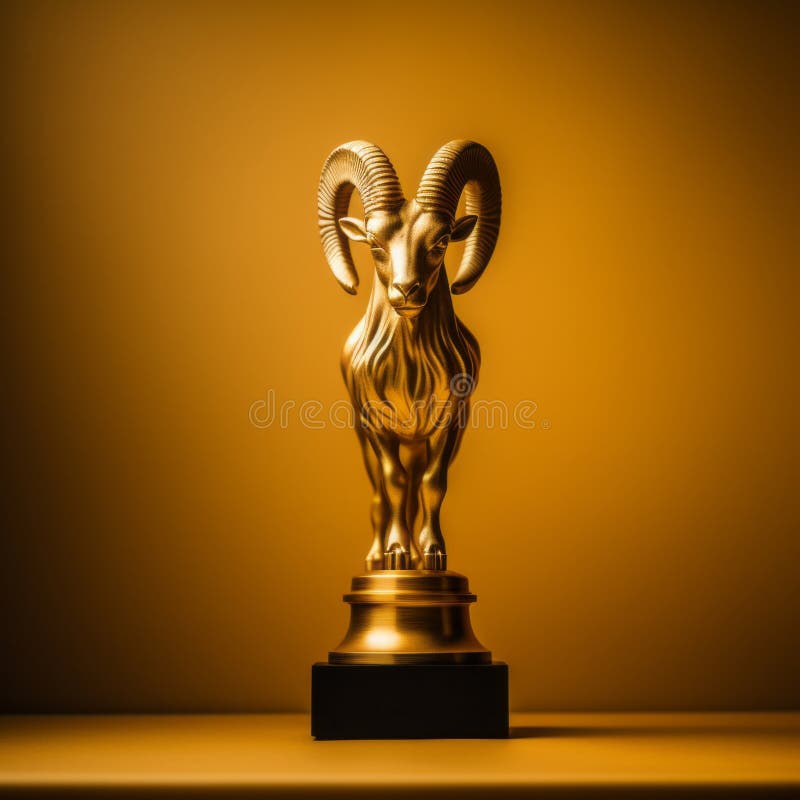 A Golden Ram Statue on a Table Against a Yellow Background Stock ...
