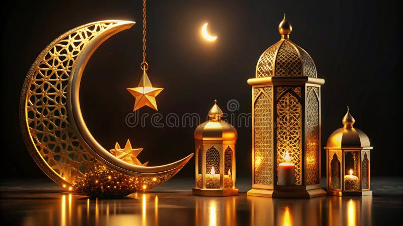 Golden Ramadan Elements with Deep Black Backdrop Stock Illustration ...