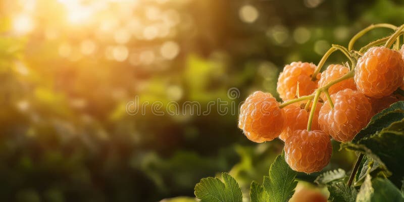 Golden Raspberries on a Bush with Sunlight. Fresh Organic Fruit in a ...