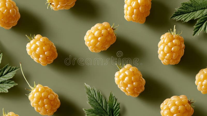 Golden Raspberries on Olive Green Background with Green Leaves Stock ...