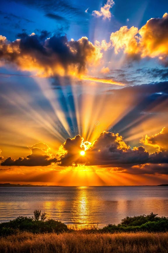 Golden Ray of Sunset stock illustration. Illustration of glowing ...