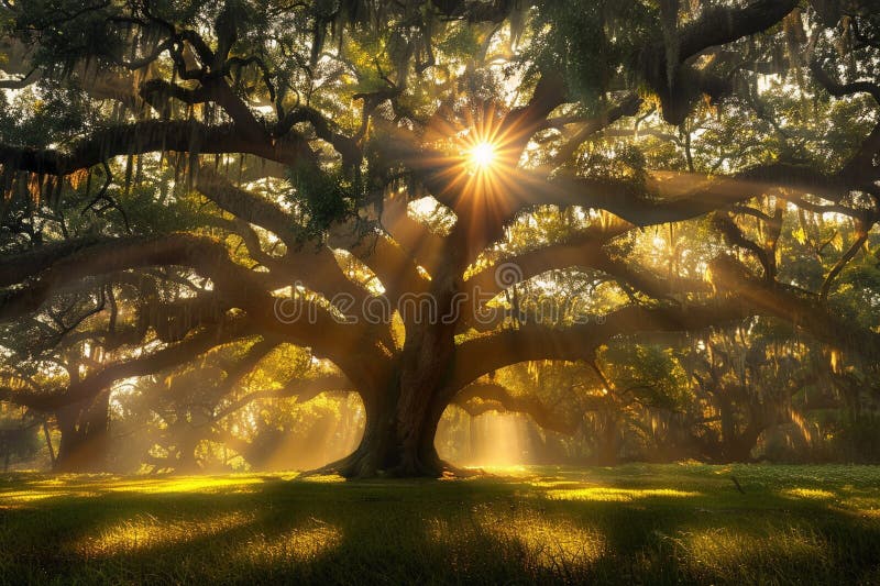 Golden Rays through Ancient Trees Stock Illustration - Illustration of ...