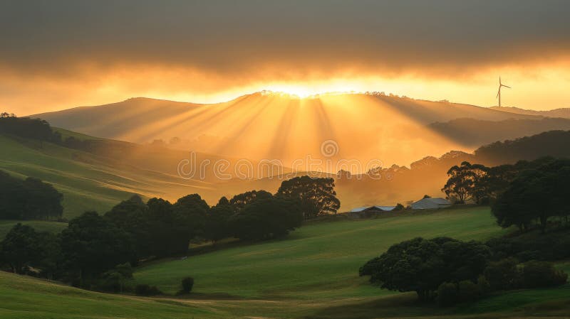 Golden Rays of Dawn Illuminating Rolling Hills and a Wind Turbine Stock ...