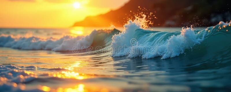 Golden Rays Illuminate Dancing Ocean Waves, Creating a Shimmering ...