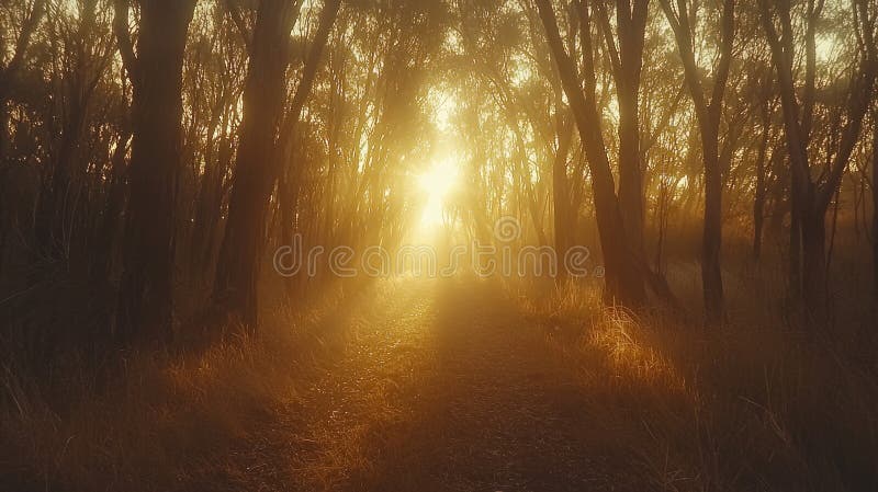 Golden Rays of Light Filtering through Trees in a Misty Forest Stock ...