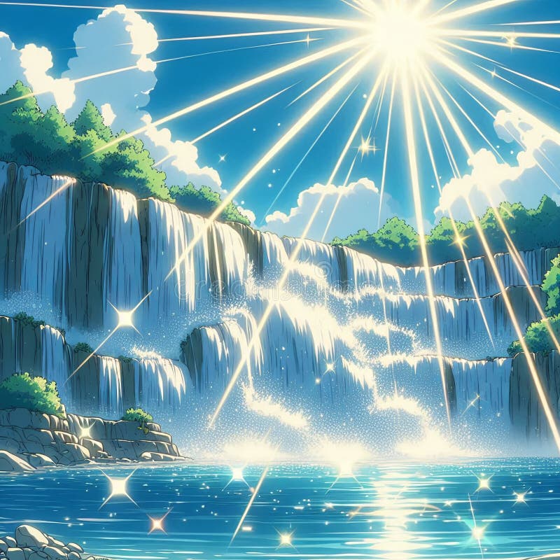 Golden Rays at Waterfall stock illustration. Illustration of dazzling ...
