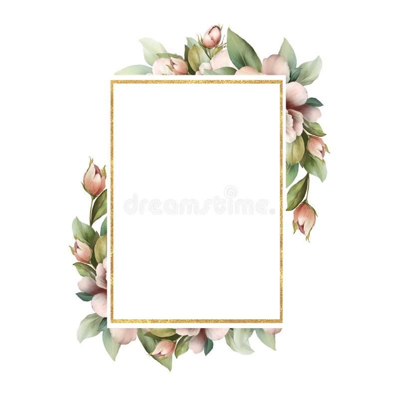 Golden Rectangle Frame with Green Leaves. Floral Wedding Card Decor ...