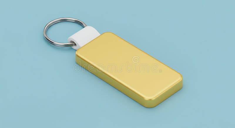 Golden Rectangle Keychain with Ring Lies on a Light Blue Background in ...