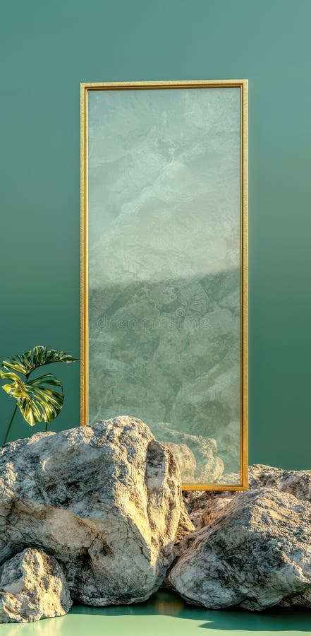 Golden Rectangular Frame Amidst Rocky Landscape with Serene Turquoise ...