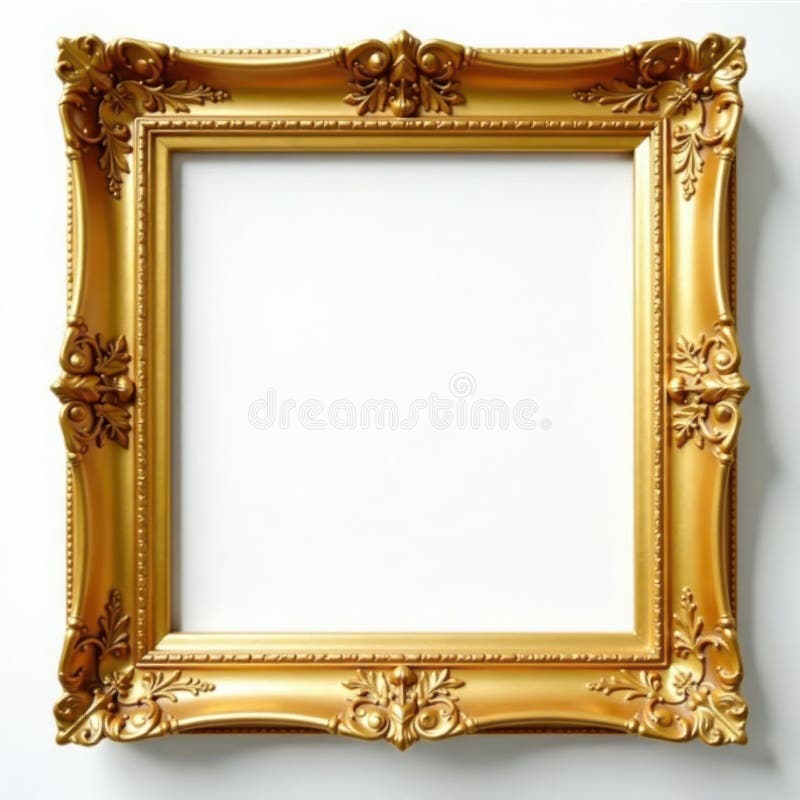 Golden Rectangular Frame, Subtle Details on Pure White , Thin Gold ...