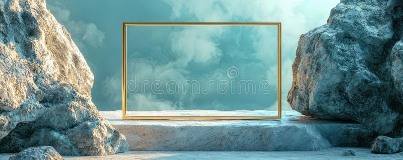 Golden Rectangular Frame in a Surreal Rocky Landscape with Cloudy Sky ...
