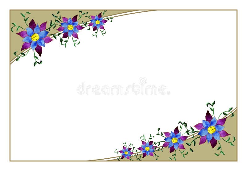 Golden Rectangular Frame with Watercolor Lilac-blue Flowers. Isolated ...