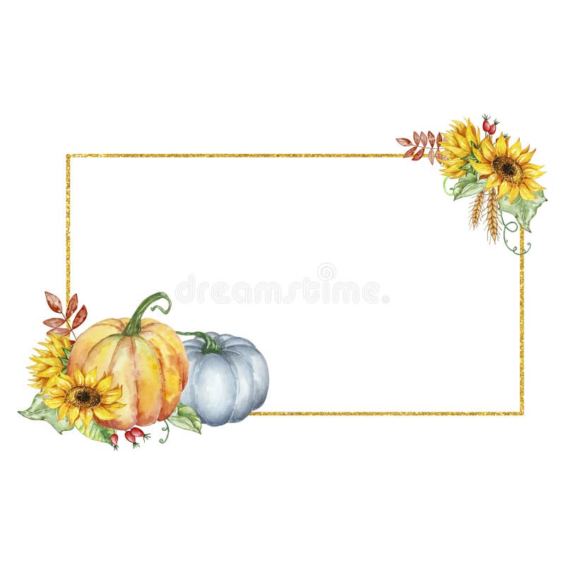 Golden Rectangular Frame with Watercolor Pumpkins, Sunflowers and ...