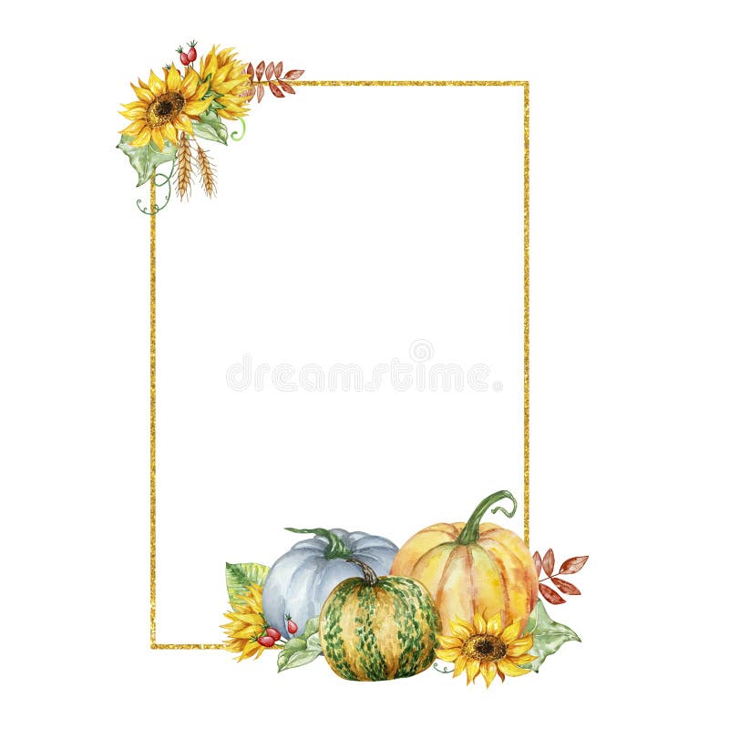 Golden Rectangular Frame with Watercolor Pumpkins, Sunflowers and ...