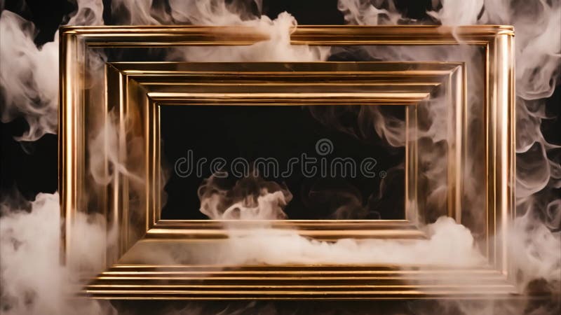 Golden Rectangular Horizontal Frame on a Black Background with Dry Ice ...