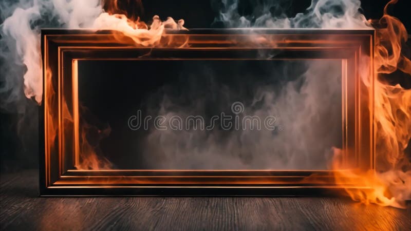 Golden Rectangular Horizontal Frame with Fire Flames and Smoke Stock ...