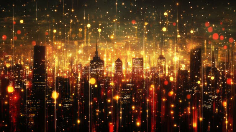 Golden and Red City Skyline at Night with Sparkling Lights Stock ...