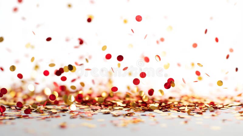 Golden and Red Confetti Falling, Blurring Dynamically Against White ...