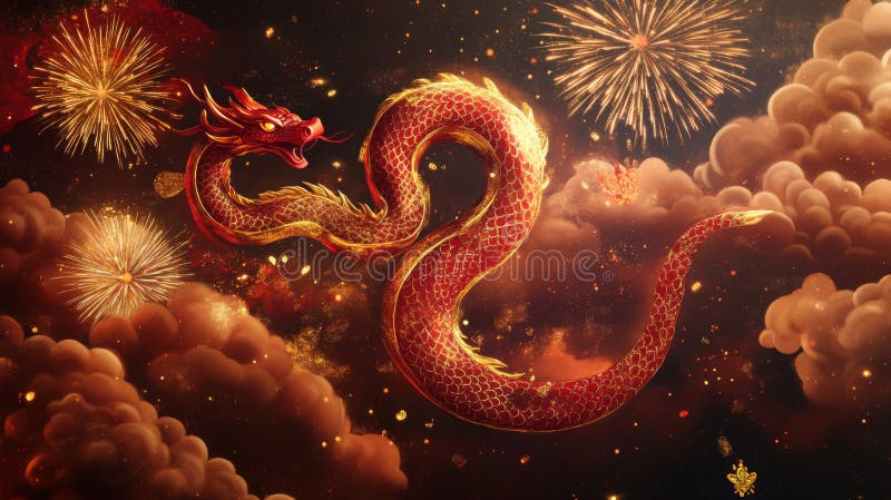 A Golden and Red Dragon Soaring through Fireworks and Clouds Stock ...