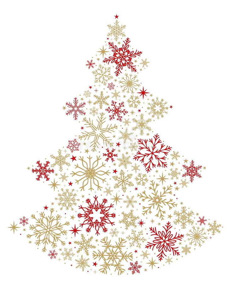 Golden and Red Snowflake Christmas Tree on White Background. Christmas ...