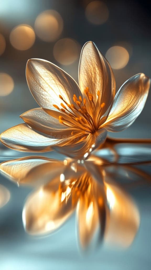 Golden Reflective Flower with Bokeh Light Effects Stock Photo - Image ...
