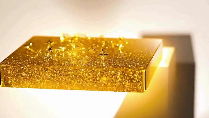 Golden Resin Rectangle with Floating Particles and Glowing Light Stock ...