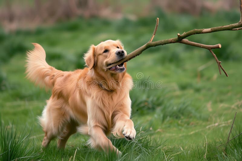 Golden Retriever Catching Stick, Tail Wagging Voraciously Stock Image ...