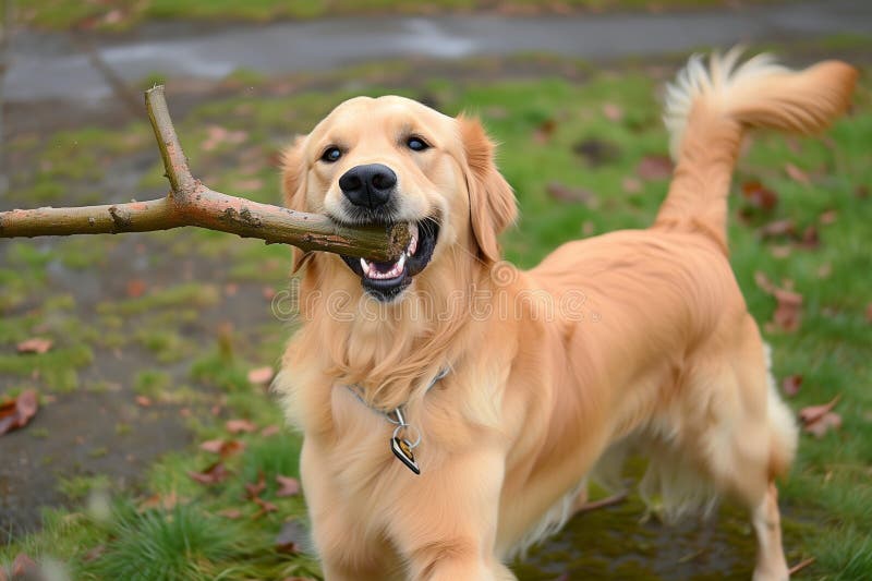 Golden Retriever Catching Stick, Tail Wagging Voraciously Stock Photo ...