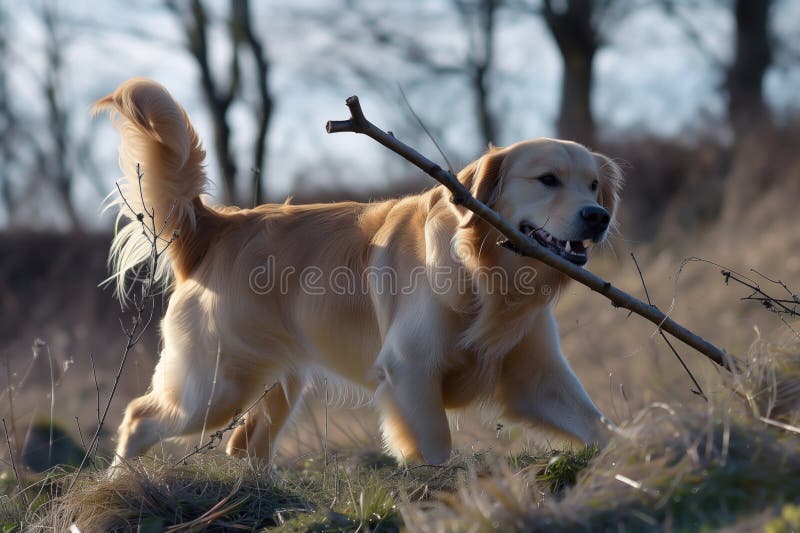 Golden Retriever Catching Stick, Tail Wagging Voraciously Stock Image ...