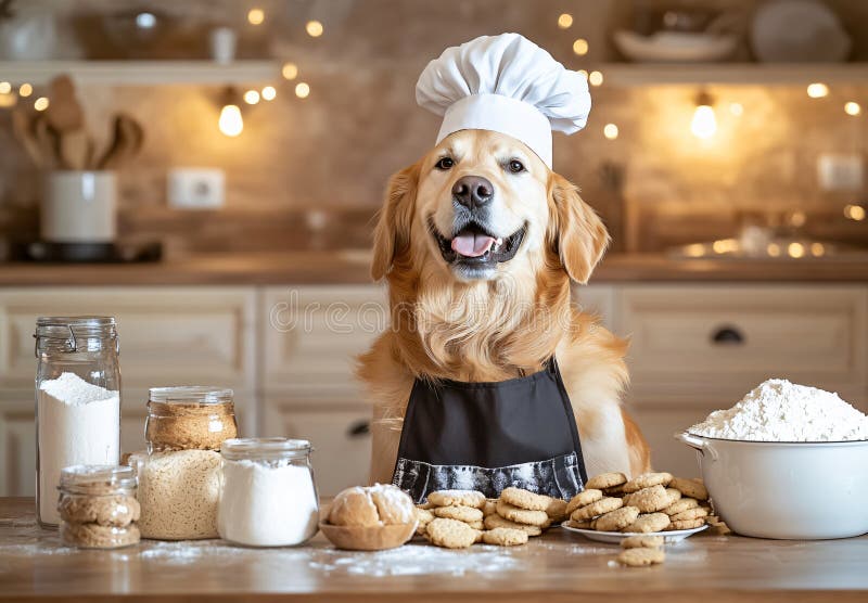 Golden Retriever Chef Baking Cookies in Kitchen High Quality Image ...