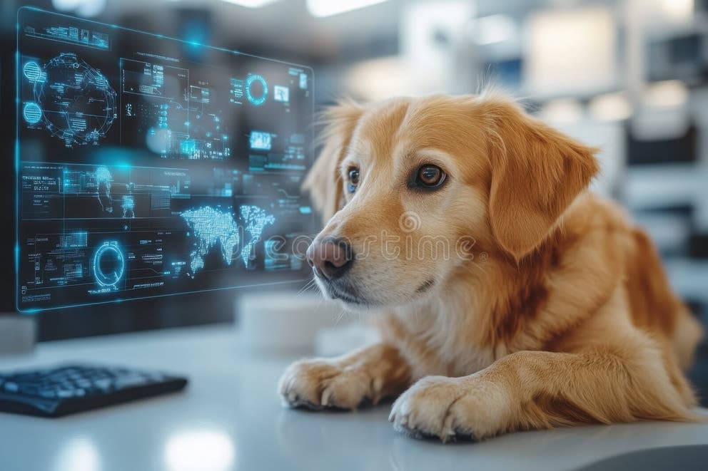 A Golden Retriever Curiously Examines a Futuristic Computer Interface ...