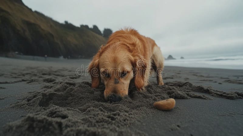 Golden Retriever Dog Digging in Dark Sand on a Beach Stock Illustration ...