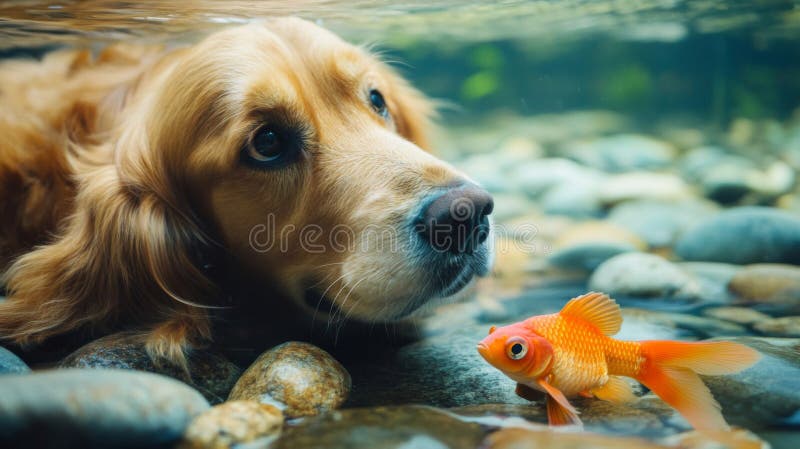 Golden Retriever Dog and Goldfish Underwater Stock Illustration ...
