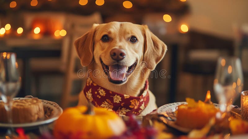 Golden Retriever Dog Looking Up at Camera at Thanksgiving Dinner Stock ...