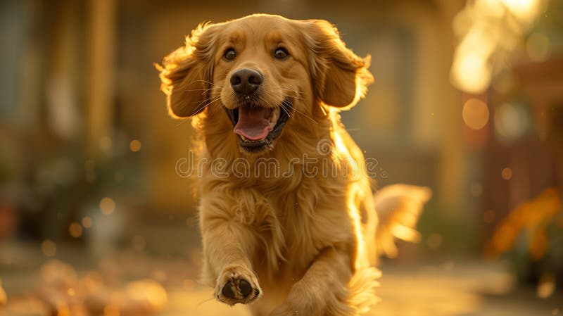 Golden Retriever Dog Running on Sidewalk Close Up Stock Image - Image ...