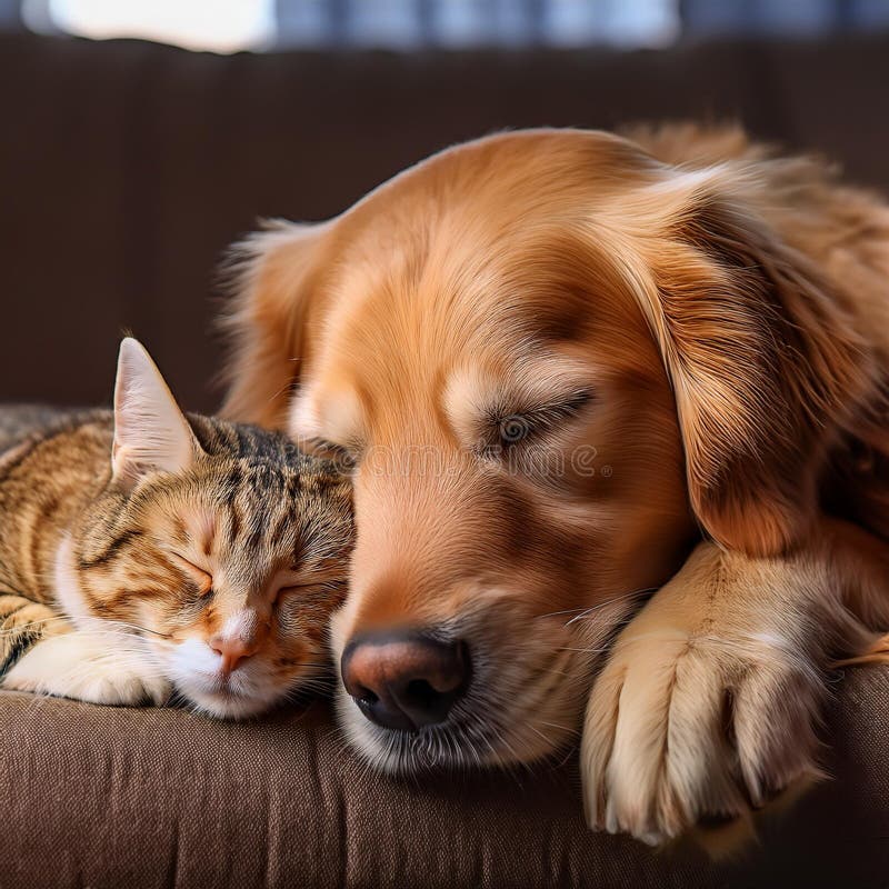 Golden Retriever Dog and Tabby Cat on the Sofa, AI Generated Stock ...