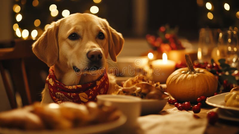 Golden Retriever Dog at Thanksgiving Dinner Table Stock Illustration ...