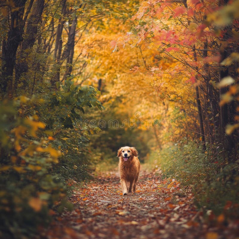 Golden Retriever Dog Walking through a Fall Forest Path Stock ...