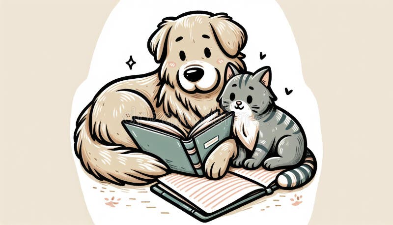 Golden Retriever and Grey Cat Reading a Book Together Stock ...