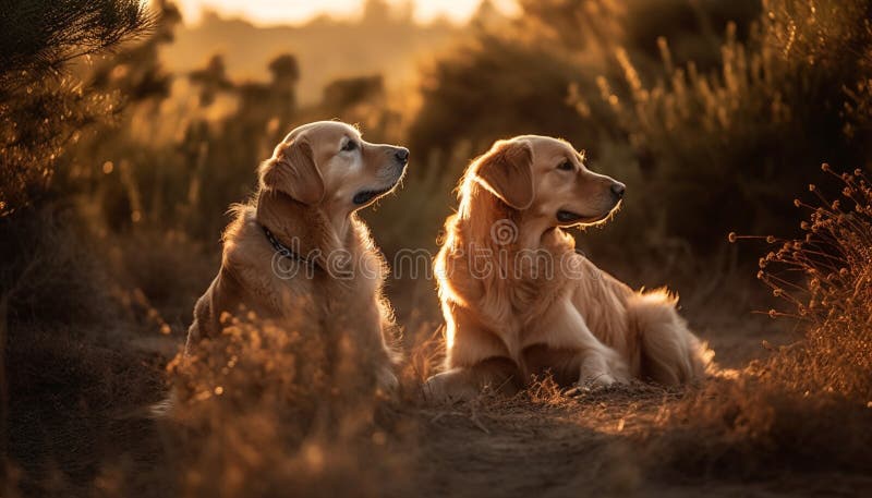 Golden Retriever and Labrador Playing in Meadow Generated by AI Stock ...