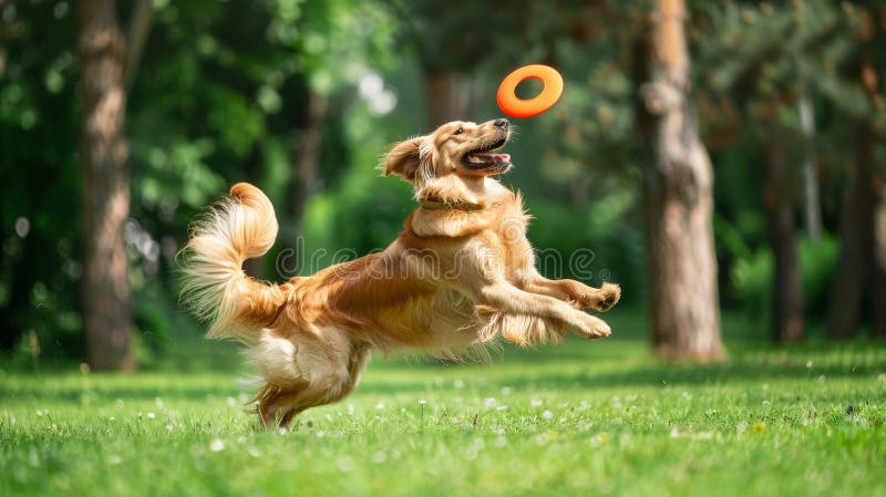 Golden Retriever Playing with Frisbee in a Park Stock Image - Image of ...