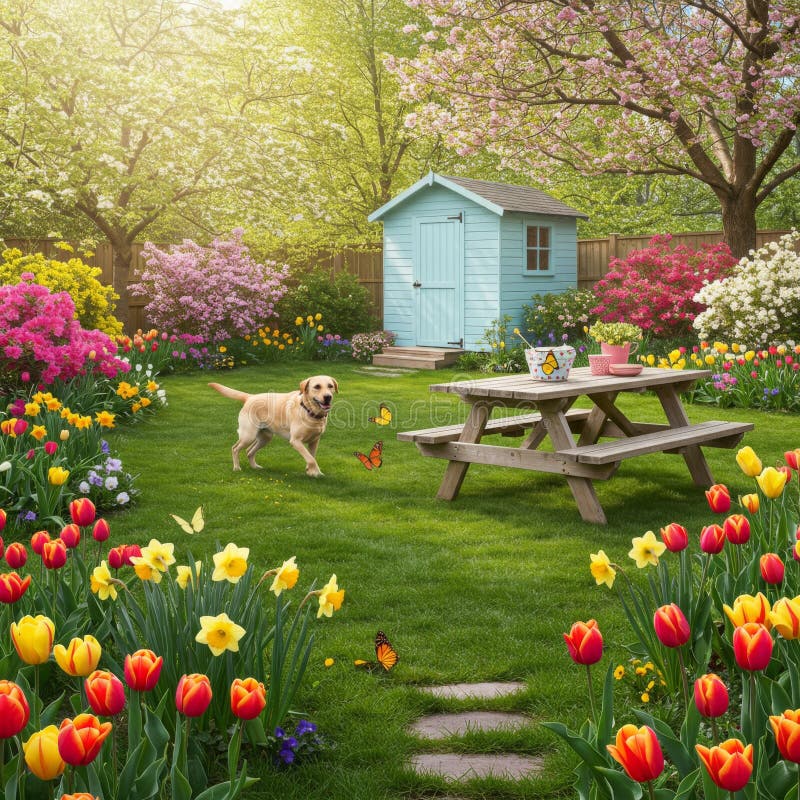 Golden Retriever Playing in a Spring Garden Stock Illustration ...