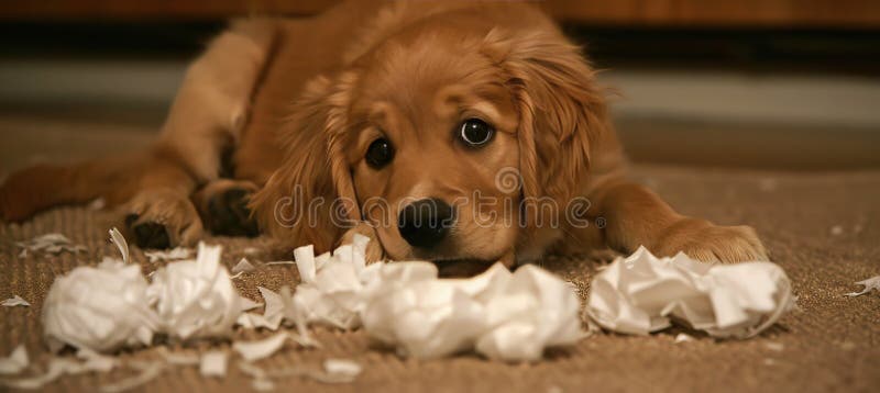 Golden Retriever Puppy Surrounded by Shredded Paper, Sad Guilty ... Golden Retriever Puppy Surrounded by Shredded Paper, Sad Guilty ...